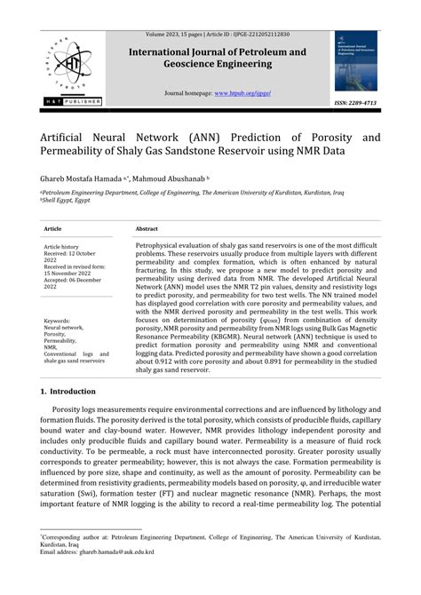 Pdf Artificial Neural Network Ann Prediction Of Porosity And Permeability Of Shaly Gas