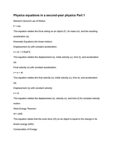 Physics Equations Iyear 2 Part 1 Physics Equations In A Second Year Physics Part 1 Newton S