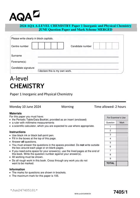 2024 Aqa A Level Chemistry Paper 1 Inorganic And Physical Chemistry