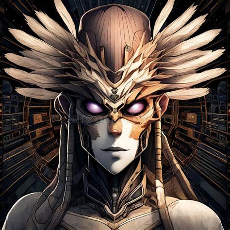 A Female Cyborg Warrior In A Futuristic Space Station Stock