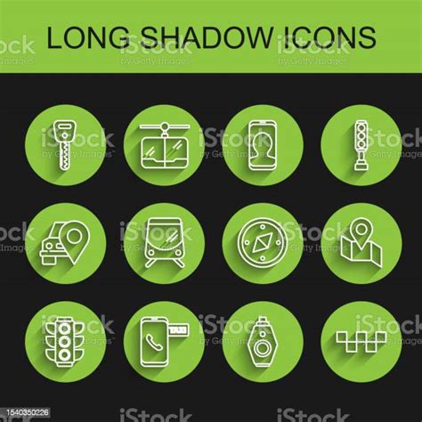 라인 신호등 택시 호출 전화 서비스 자동차 키 리모컨 자동차 지붕 트램 및 철도 접힌 지도 위치 마커 및 나침반 아이콘 설정 벡터 교통수단에 대한 스톡 벡터 아트 및 기타