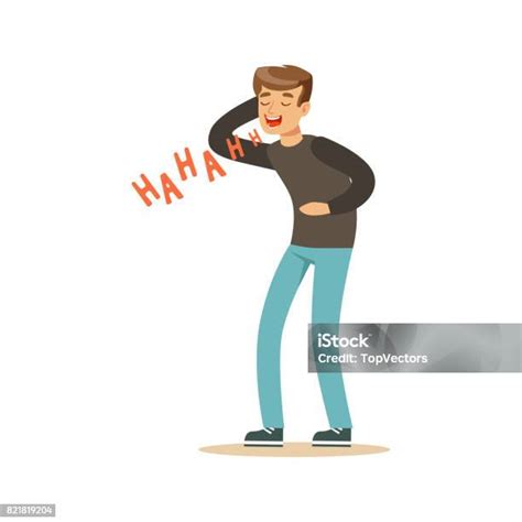 웃음 소리로 다채로운 문자 벡터 일러스트 레이 션 회색 스웨터에 있는 행복 한 젊은이 개념에 대한 스톡 벡터 아트 및 기타