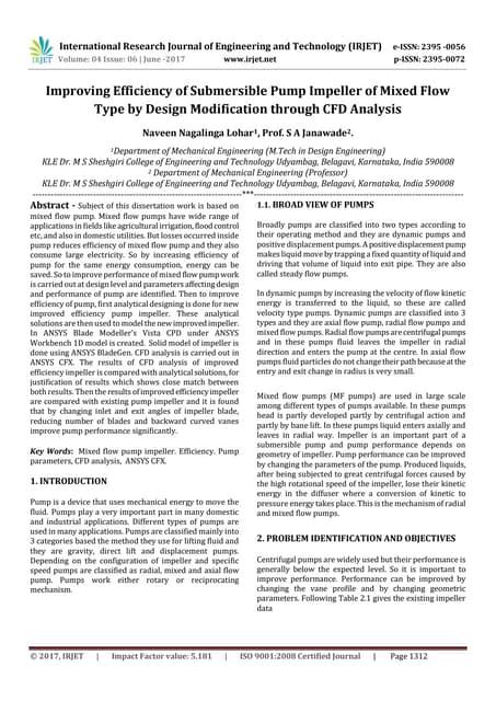 Improving Efficiency Of Submersible Pump Impeller Of Mixed Flow Type By Design Modification