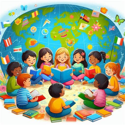 Uma Ilustração Infantil De Crianças Lendo Livros Em Círculo Imagem