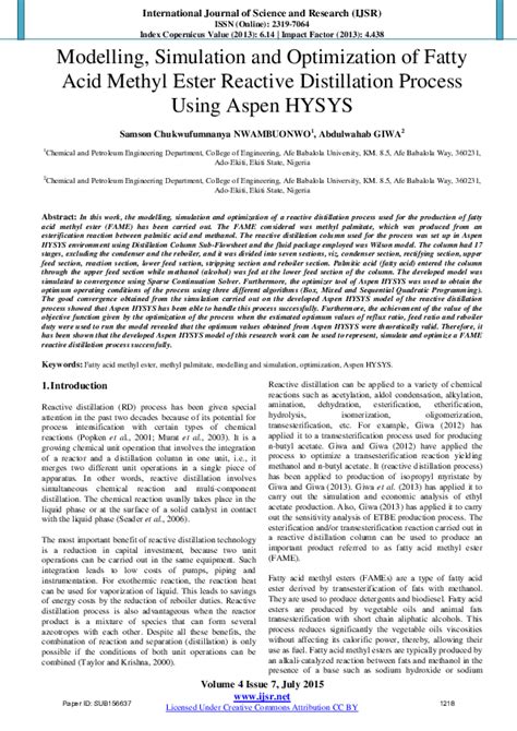 Pdf Modelling Simulation And Optimization Of Fatty Acid Methyl Ester Reactive Distillation