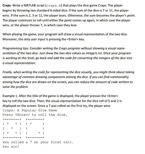 Solved Craps Write A Matlab Script Crapsm That Plays The