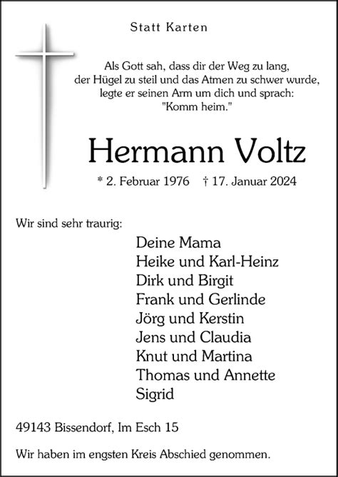 Traueranzeigen Von Hermann Voltz Noz Trauerportal