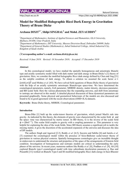 Pdf Model For Modified Holographic Ricci Dark Energy In Gravitation Theory Of Branc Dicke