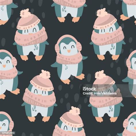 모자를 쓴 귀여운 펭귄 검은 색 배경에 스카프 만화 스타일의 어린이 패턴 인쇄 직물 포장지 벽지에 대한 벡터 일러스트레이션 0명에 대한 스톡 벡터 아트 및 기타 이미지