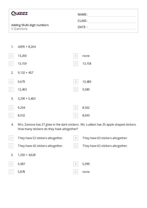50 multi digit numbers worksheets for 3rd grade on quizizz free
