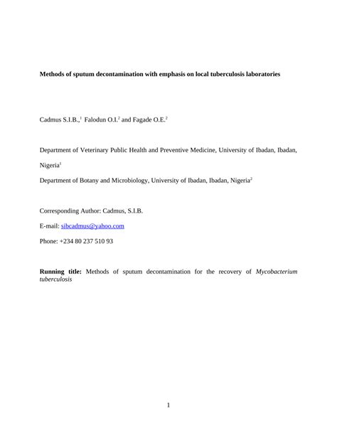 Pdf Methods Of Sputum Decontamination With Emphasis On Local Tuberculosis Laboratories