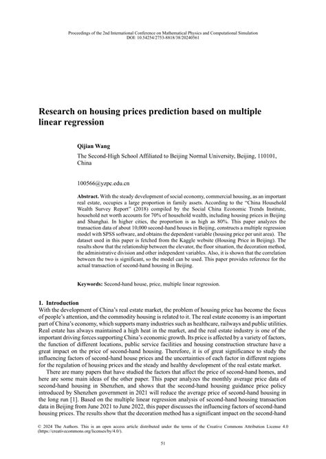Pdf Research On Housing Prices Prediction Based On Multiple Linear Regression