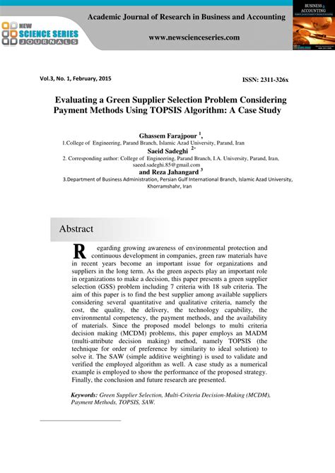 Pdf Evaluating A Green Supplier Selection Problem Considering Payment Methods Using Topsis