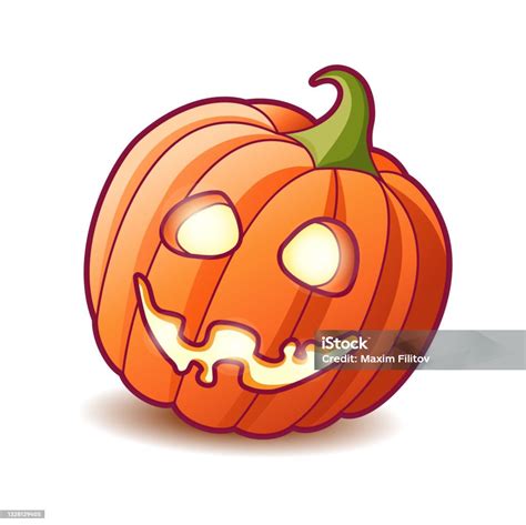 소름 끼치는 이빨미소와 불같은 빛이 있는 무서운 호박 잭 랜턴 할로윈을위한 전통적인 장식 흰색 배경에 격리 된 만화 벡터 그림입니다 할로윈 휴일 축하의 상징 귀신에 대한