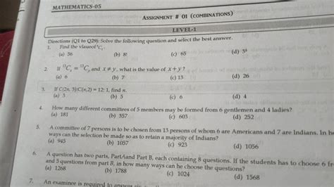 mathematics 05 assignment 01 combinations level 1 directions q1 to