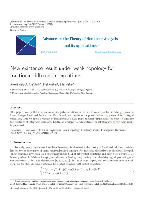 Pdf New Existence Result Under Weak Topology For Fractional Differential Equations