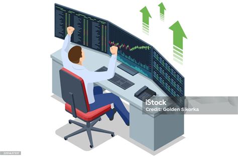 긍정적인 금융 추세를 보여주는 여러 주식 시장 모니터 앞에서 축하하는 거래자의 아이소메트릭 벡터 그림입니다 강세장 주가 성장 재정적 성공 감탄에 대한 스톡 벡터 아트 및