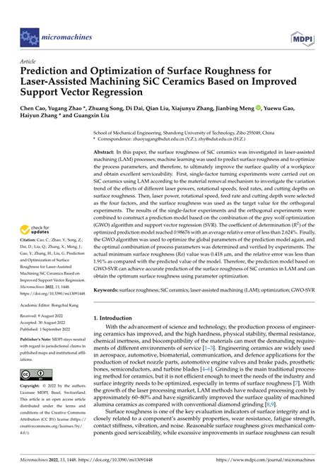 Pdf Prediction And Optimization Of Surface Roughness For Laser Assisted Machining Sic Ceramics