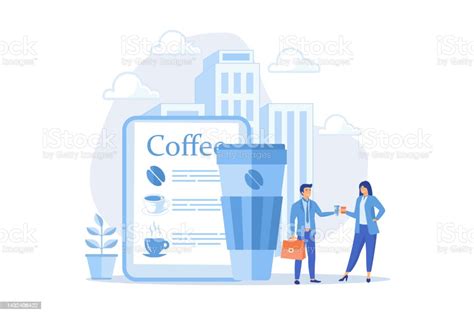 마시는 사업가들은 거대한 종이 커피 잔과 콩에서 커피를 가져갑니다 이동 중에도 커피를 마시고 비즈니스 개념을 없애십시오 플랫 벡터 현대 일러스트 레이 션 0명에 대한 스톡