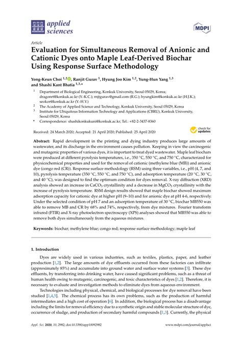 Pdf Evaluation For Simultaneous Removal Of Anionic And Cationic Dyes Onto Maple Leaf Derived