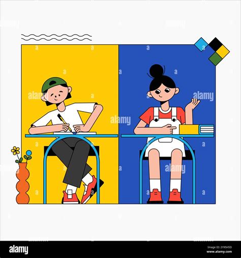 Babe And Girl Sitting At Desks In A Classroom In Flat Vector Illustration Symbolizing Education