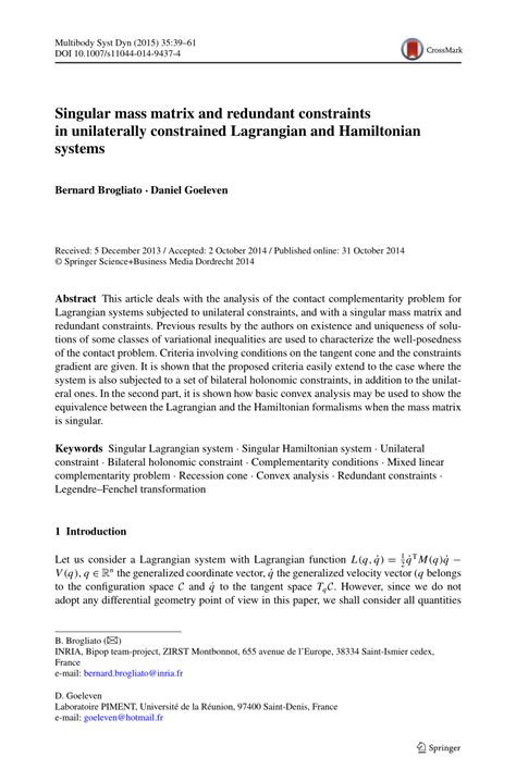 Pdf Singular Mass Matrix And Redundant Constraints In Unilaterally Constrained Lagrangian And