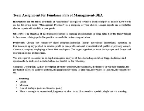 Final Assignment Fundamentals Of Management Bba Term Assignment For