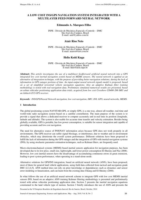 Pdf A Low Cost Insgps Navigation System Integrated With A Multilayer Feed Forward Neural Network