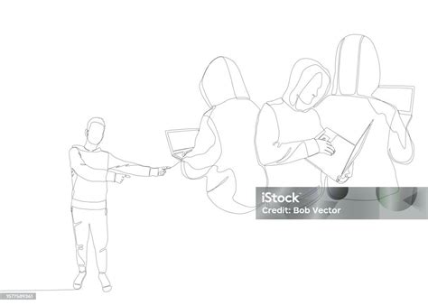 One Continuous Line Of Man Pointing With Finger At Hacker Men Using Laptop Thin Line