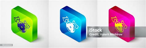 등각 투영 중세 방패 와 교차 축 아이콘 회색 배경에 고립되어 있습니다 전투 도끼 사형 집행인 도끼 사각형 버튼 벡터 3차원 형태에 대한 스톡 벡터 아트 및 기타 이미지