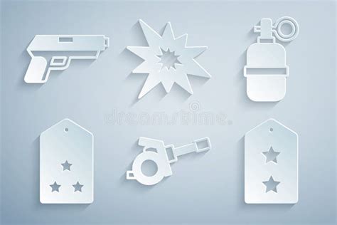 Set Howitzer Hand Grenade Military Rank Bomb Explosion And Pistol Or