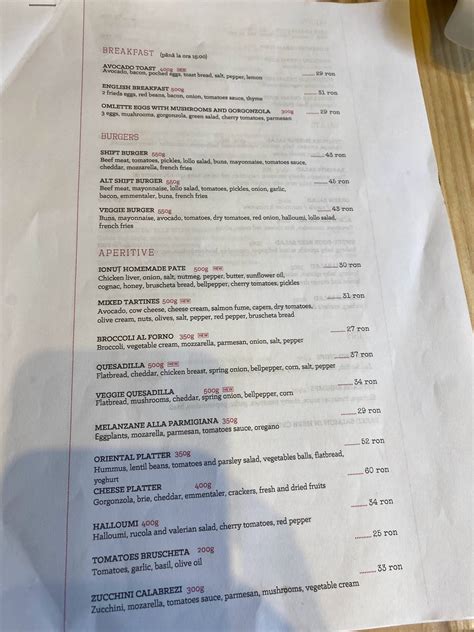 Menu At Alt Shift Bucharest
