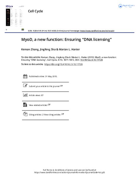 Pdf Myod A New Function Ensuring “dna Licensing”