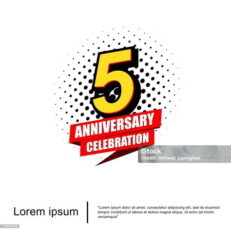 창립 5 주년 기념 엠블럼 기념일 로고는 흰색 배경에 빨간 리본으로 고립되어 있습니다 웹 전단지 포스터 인사말 카드 초대장 용 벡터 일러스트 레이 션 템플릿 디자인 5에