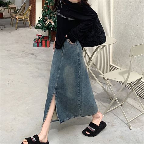 새로운 하이 웨스트 슬리밍 분할 데님 스커트 여성용 중간 길이 커버 칼집 A 라인 스커트 큰 사이즈 여름 AliExpress