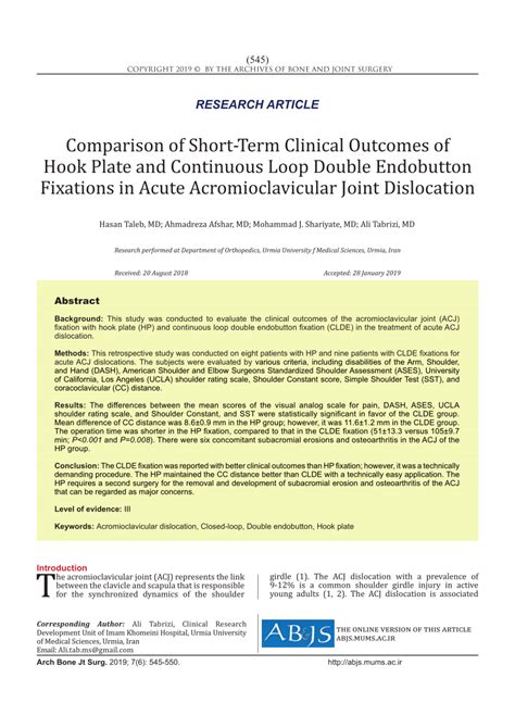 Pdf Short Term Clinical Outcomes Of Hook Plate Compared To Continuous Loop Double Endobutton