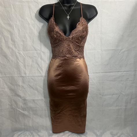 Brown Satin Lace Midi Dress 2000s Era Brown Satin Depop