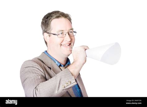 Smiling Businessman Making Announcement Through Loud Speaker Corporate Communication Stock