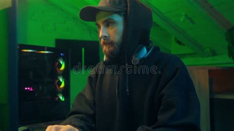 Caucasian Man Hacker Computer Looking At Camera Programming Pc Scam Networking Male Guy Spying