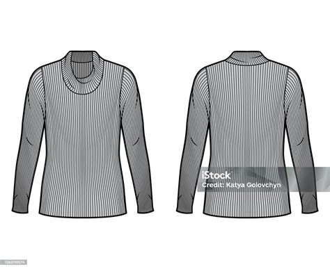 리브드 카울 터틀넥 니트 스웨터 테크니컬 패션 일러스트와 긴 소매 오버사이즈 바디 튜닉 길이 0명에 대한 스톡 벡터 아트 및 기타 이미지 Istock