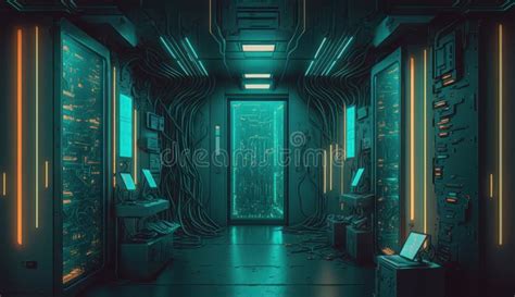 Server Room Data Flowing Full Of Rack Servers And Supercomputers With Internet Connection