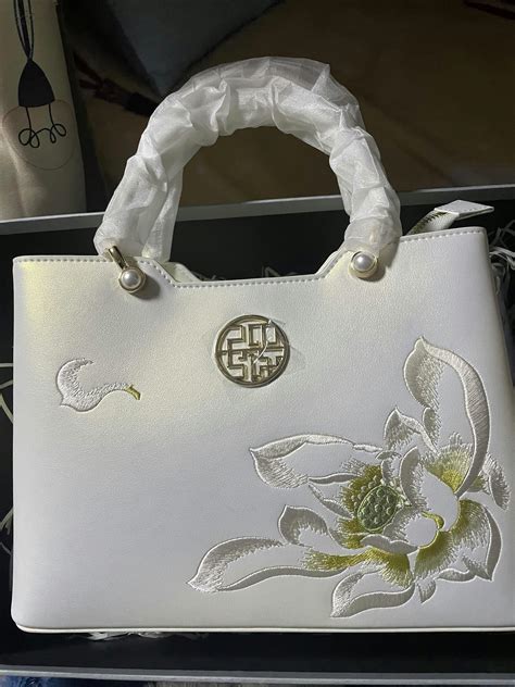 Chinese Designer Luxury Lotus Embroidered Leather White Tote Bag