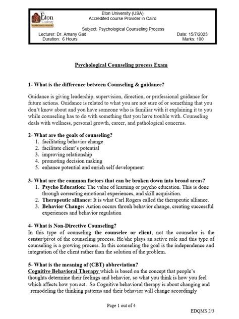 Psychological Counseling Process Exam Pdf