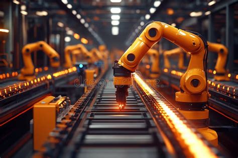 Robotic Arm Working On An Automated Assembly Line In A Futuristic