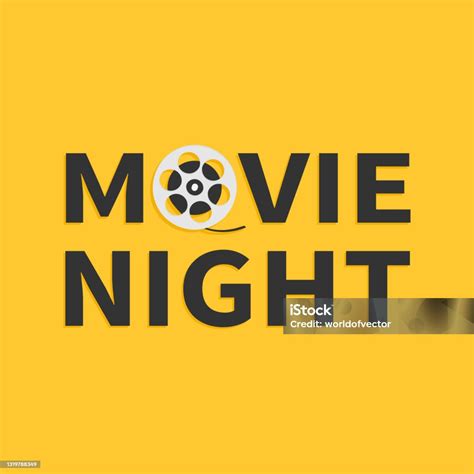 단어 영화 의 밤 필름 필름 필름 릴 나는 영화 아이콘을 사랑해요 영화제 배너 전단지 포스터 초대 템플릿 플랫 디자인 스타일 노란색 배경입니다 격리 영화에 대한 스톡 벡터