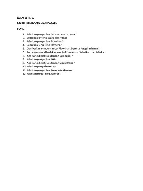 Soal Ulangan Kelas X Tkj A Pemrograman Dasar Pdf