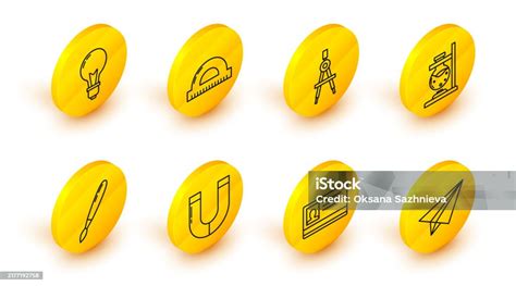 세트 라인 종이 비행기 식별 배지 자석 페인트 브러시 유리 시험관 플라스크 화재 드로잉 나침반 각도 측정을위한 각도기 그리드 및 아이디어 아이콘의 개념으로 전구 벡터 3차원