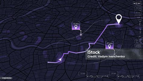 아이소메트릭 한 지점에서 의도 한 목표까지의 경로 많은 목적지 표지판 지도 전체의 주요 도로 경로의 거리 및 회전에 대한 데이터를 얻기 위한 내비게이션 매핑 기술 벡터 3