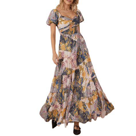 Women Boho Floral Maxi Dress Short Puff Sleeve Sweetheart Neck Smocked