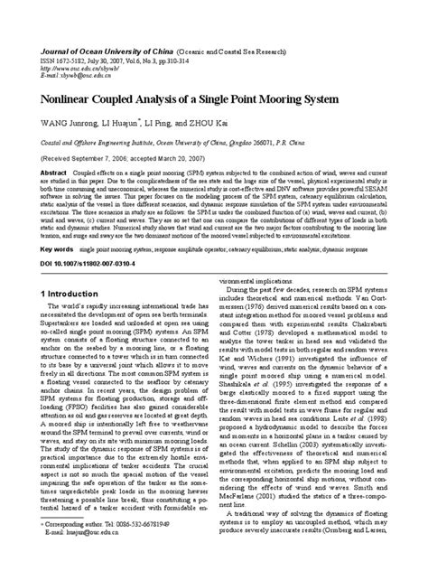 Nonlinear Coupled Analysis Of A Single Point Mooring System Pdf Damping Waves